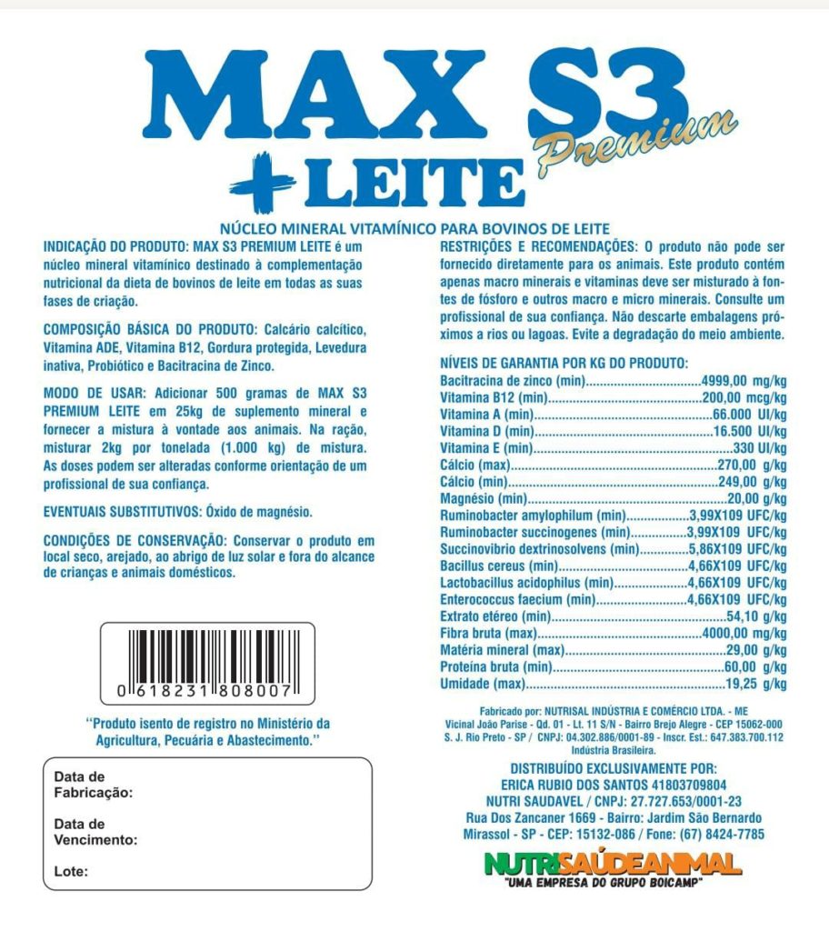 Max S3 Premium + Leite – Núcleo Mineral Bovinos De Leite – Max S3 Premium